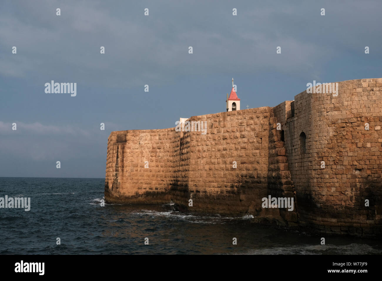 View of the southern fortified walls surrounding the old city of Akko ...