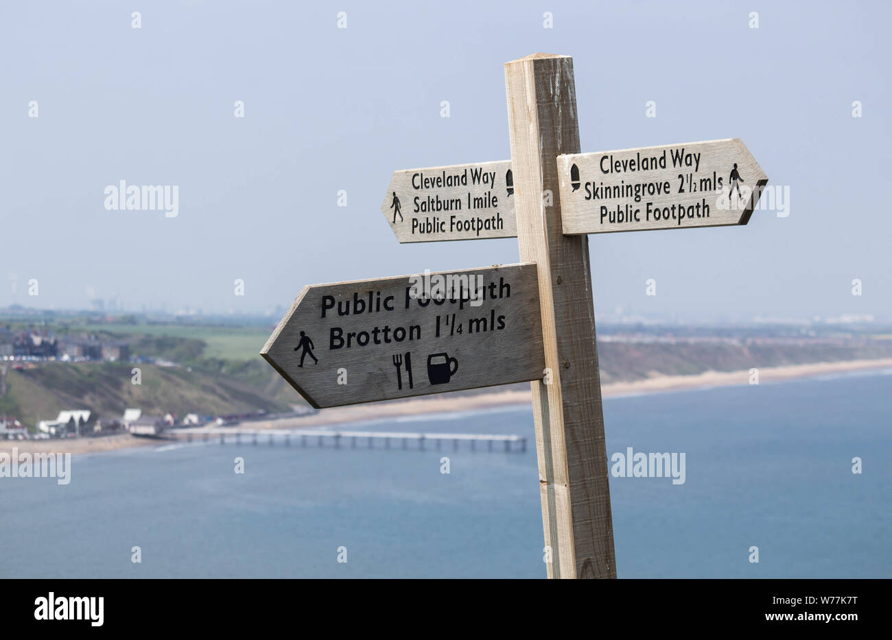 Cleveland Way sign on cliffs above Saltburn by the Sea, North Yorkshire ...