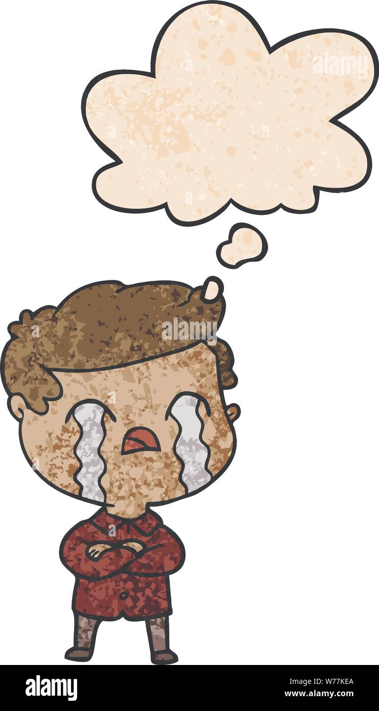 cartoon man crying with thought bubble in grunge texture style Stock ...