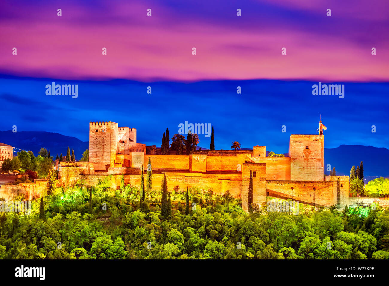 Granada, Spain. Night illuminated Alhambra with Alcazaba, European ...