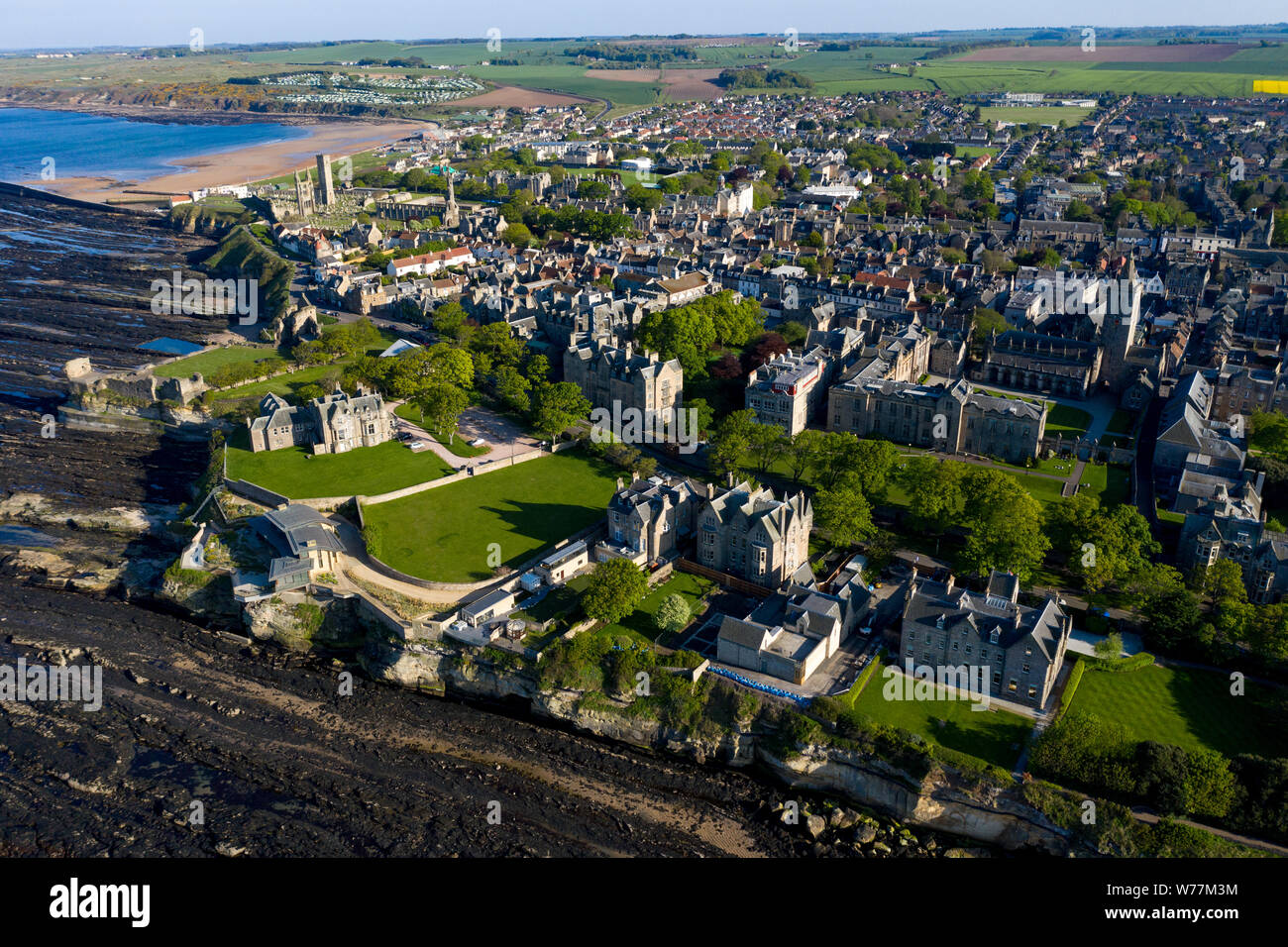 A closeup drone shot of St Andrews' iconic coastline along 'The Scores ...