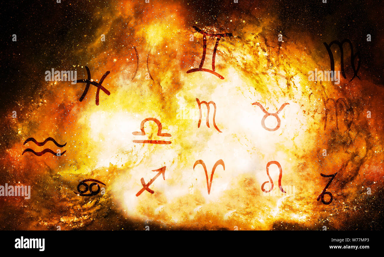 Hand drawn horoscope astrology symbols in cosmic space Stock Photo - Alamy