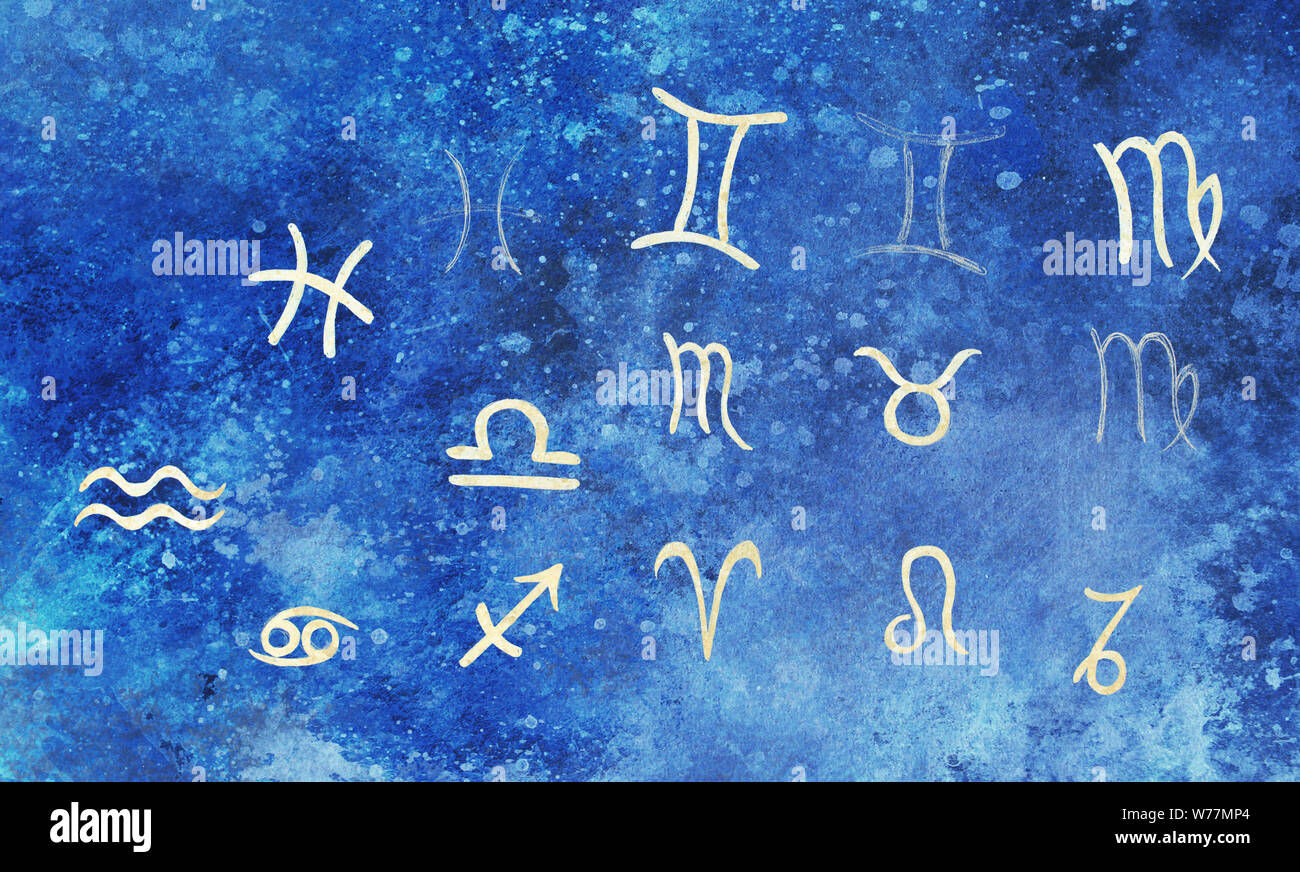 Hand drawn horoscope astrology symbols, blue background Stock Photo - Alamy