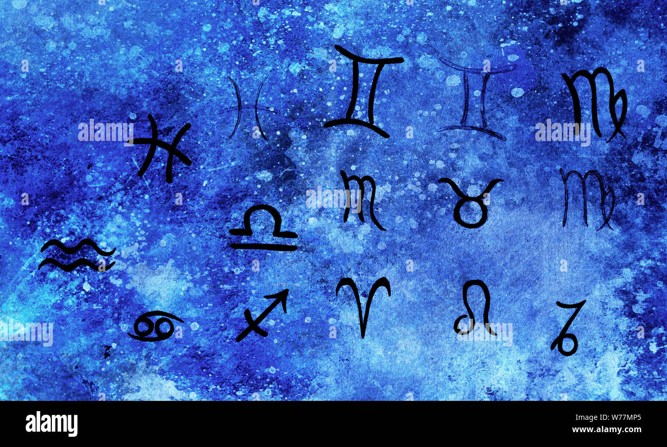 Hand drawn horoscope astrology symbols, blue background Stock Photo - Alamy