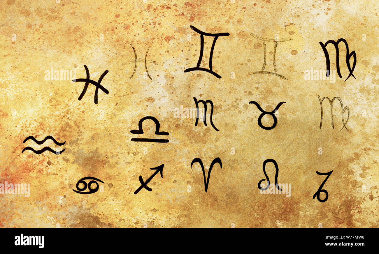 Hand drawn horoscope astrology symbols, sepia color Stock Photo - Alamy