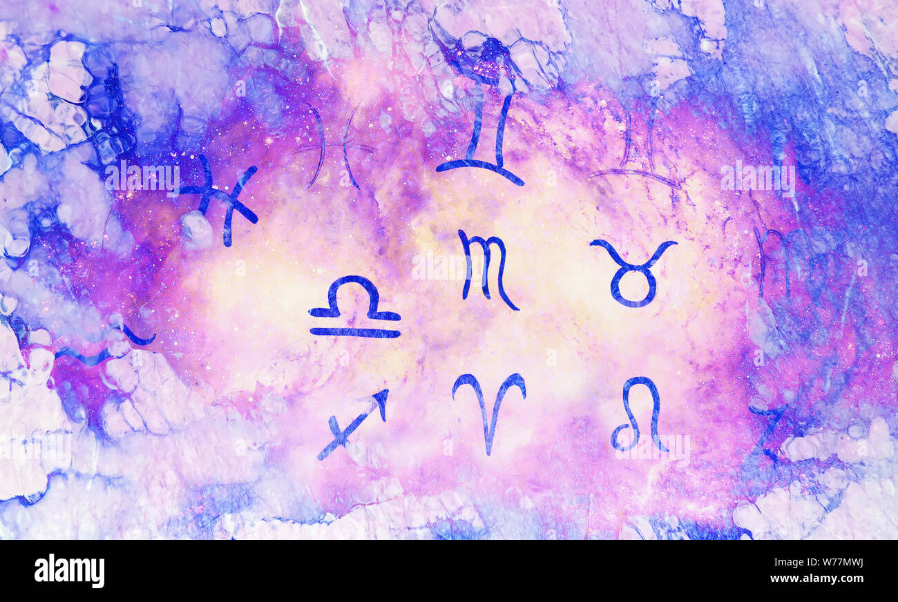 Hand drawn horoscope astrology symbols, color background Stock Photo ...