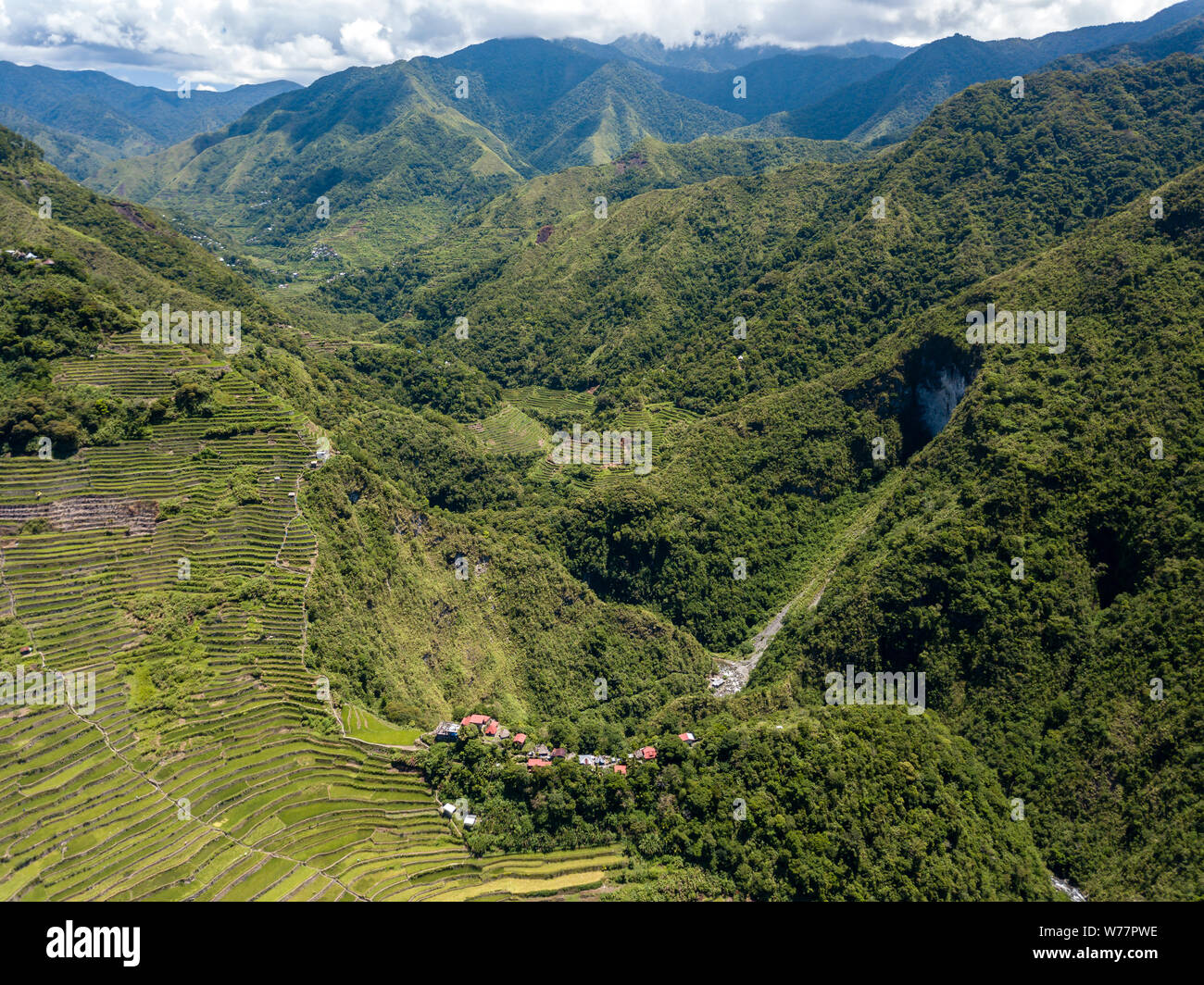 Aerial drone view of the spectacular rice terraces at Batad in the ...