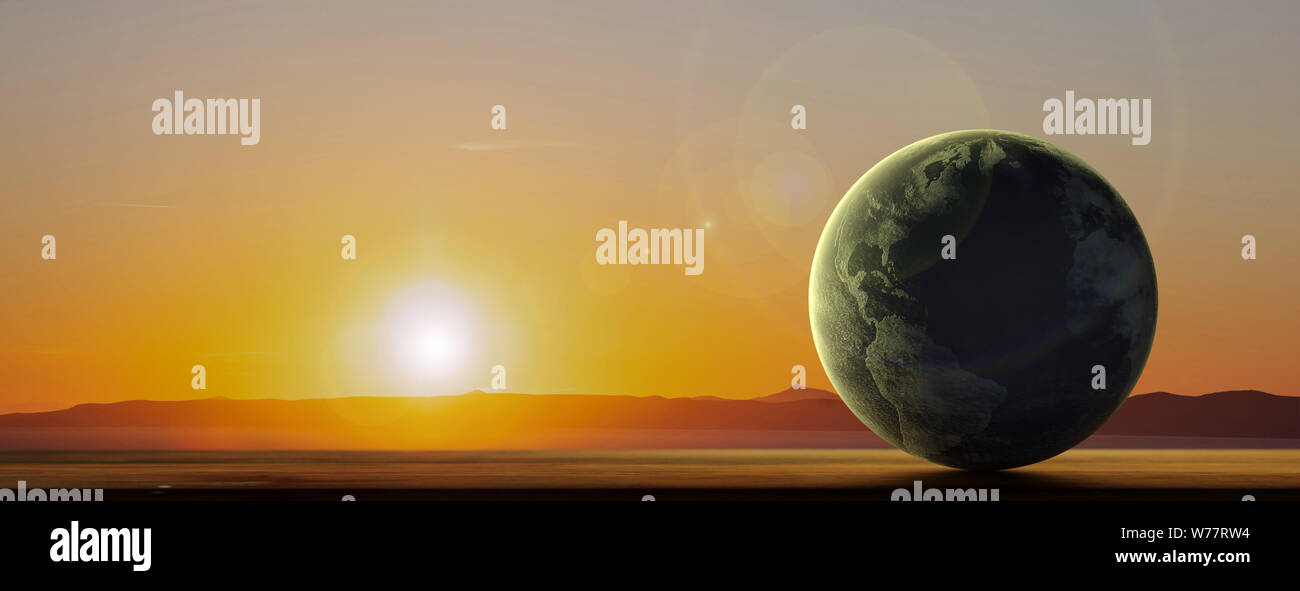 Earth planet globe at sunset landscape background, banner, copy space ...