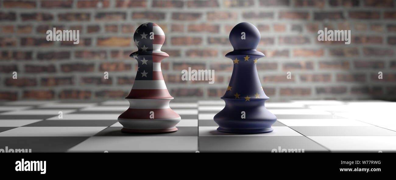 EU and US relations. USA and European Union flags chess pawns on a ...