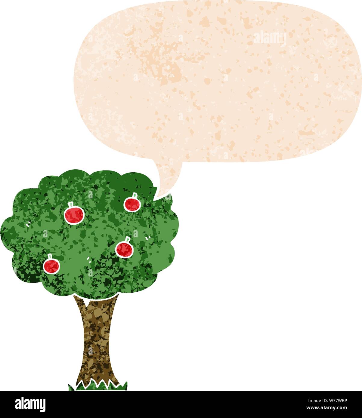 cartoon apple tree with speech bubble in grunge distressed retro ...