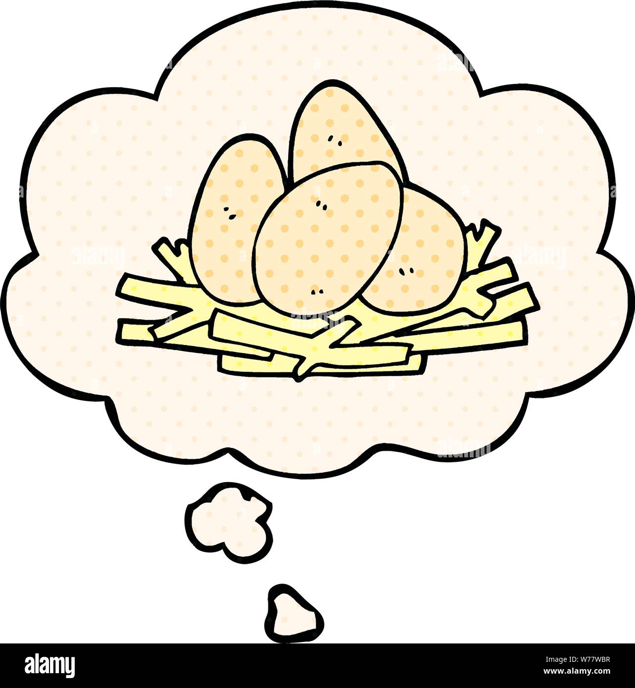 cartoon eggs in nest with thought bubble in comic book style Stock ...
