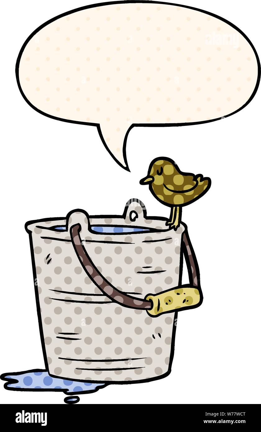 cartoon bird looking into bucket of water with speech bubble in comic ...