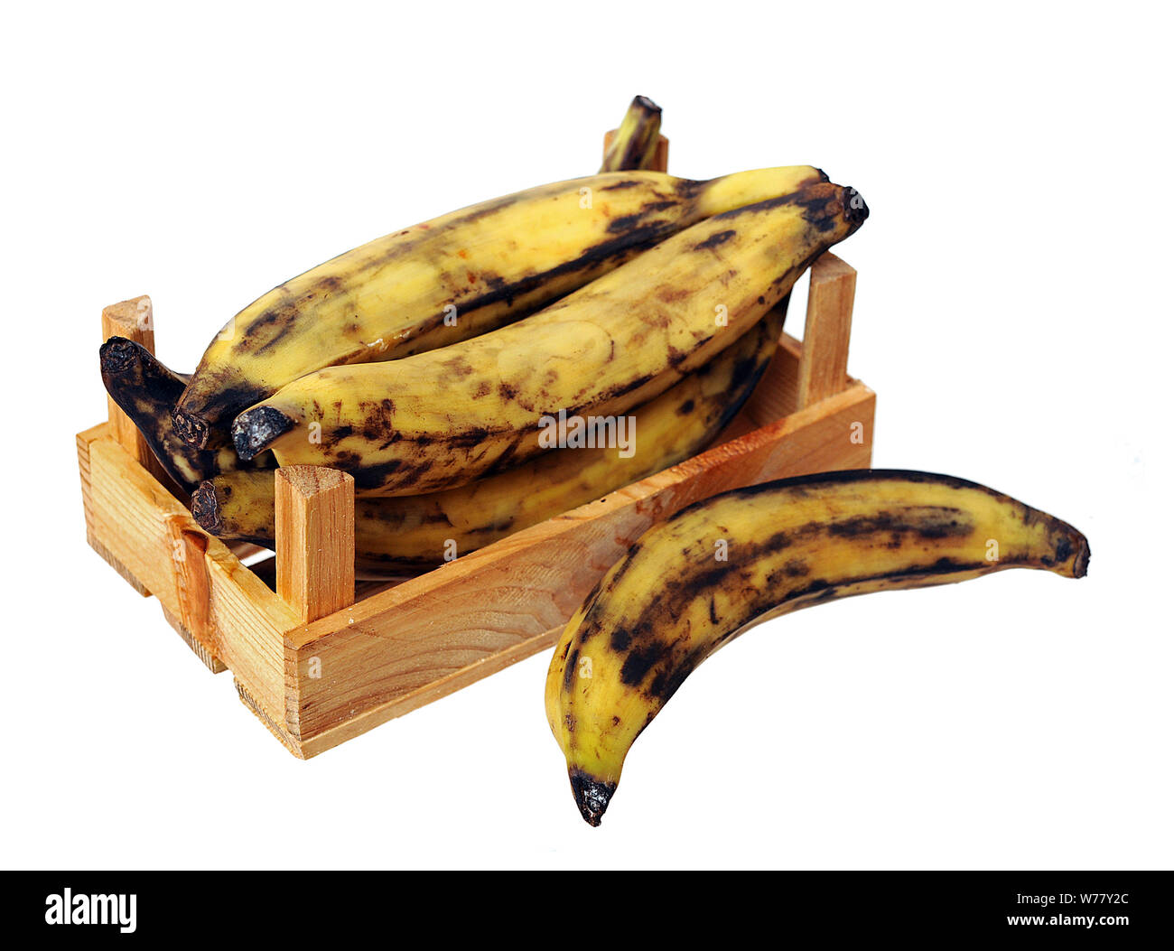 over ripe plantain banana in crate isolated on white background Stock ...