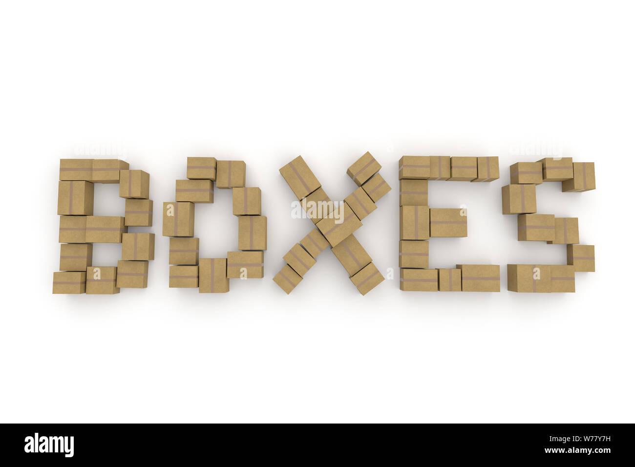 3D render of cardboard boxes arranged into BOXES word on white ...