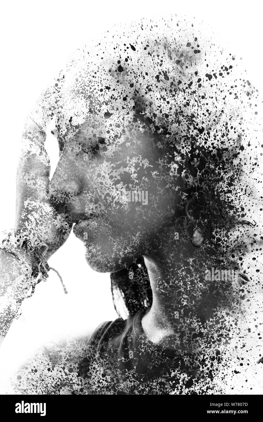 Her face dissolves into particles and shapes of the painting Stock ...