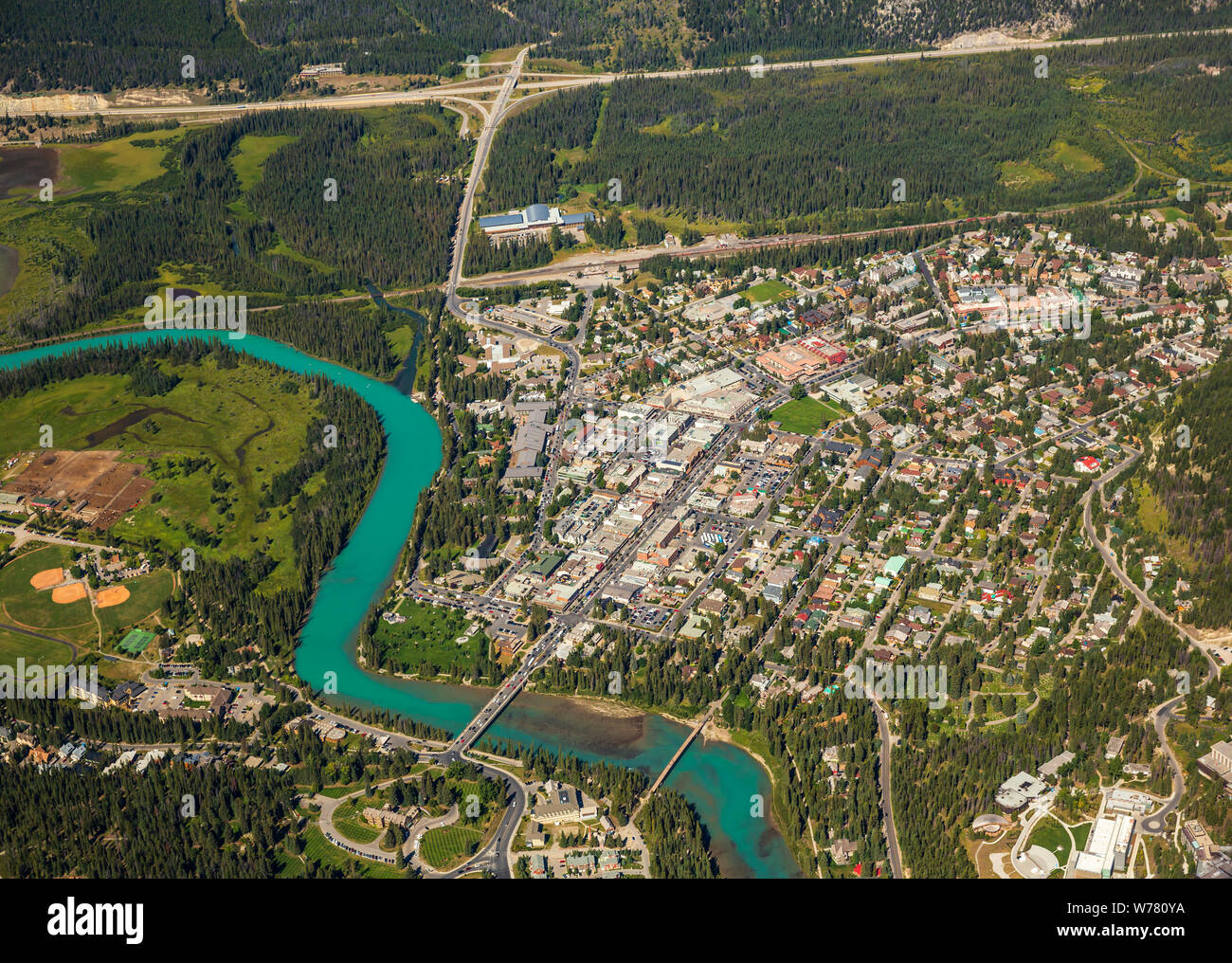 Aerial view of Banff, Alberta Canada in Banff National Park Stock Photo ...
