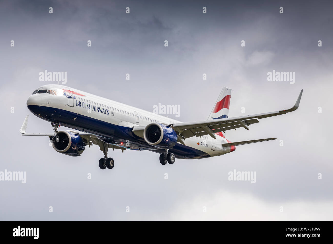British Airways Airbus A321 NEO, registration G-NEOU, landing on August 2nd 2019 at London ...