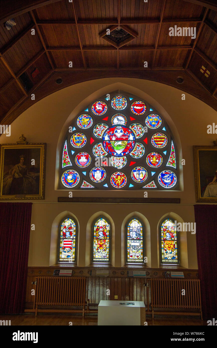 Stained Glass windows inside Lerwick Town Hall in the Shetland Islands ...