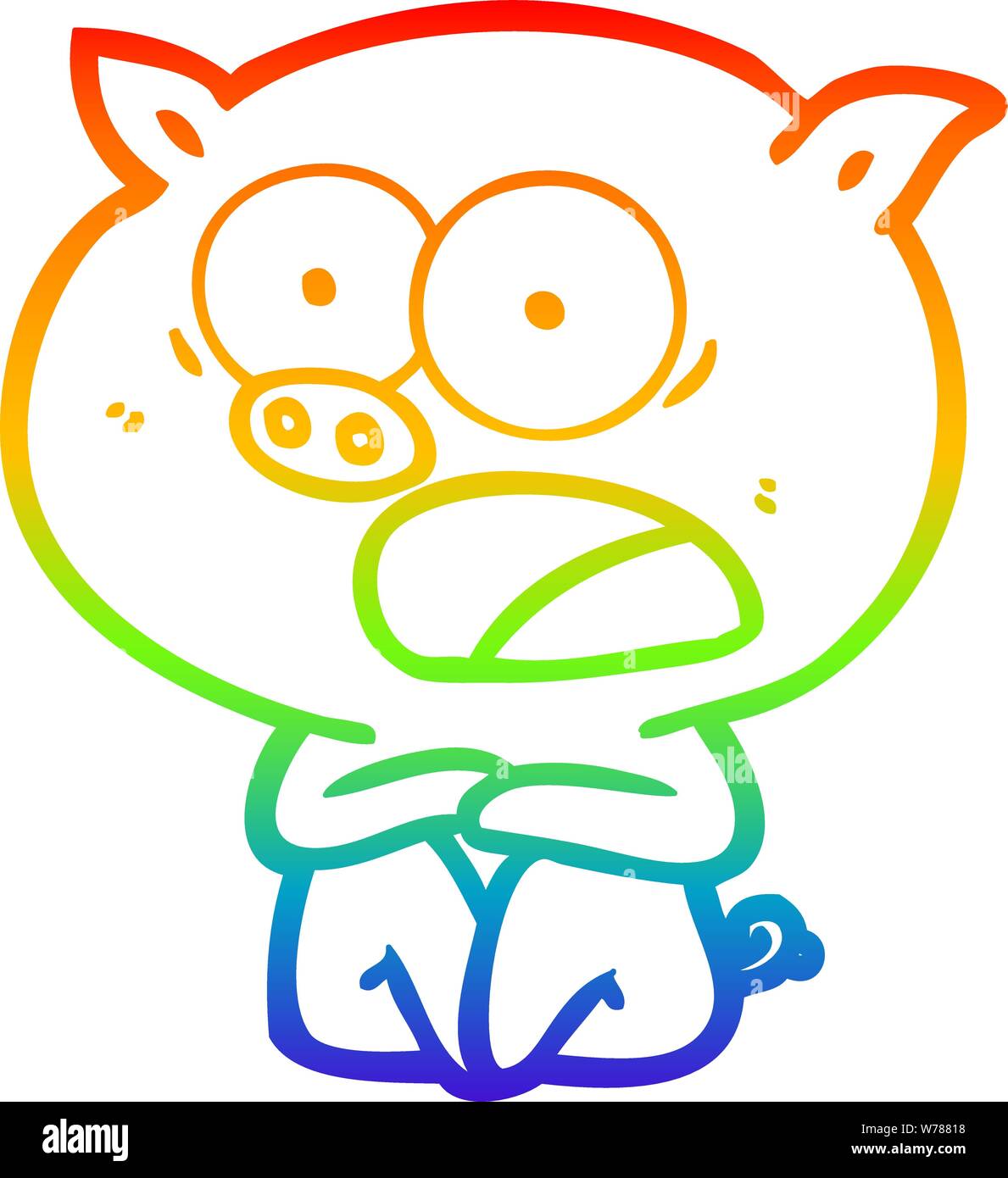 rainbow gradient line drawing of a shocked cartoon pig sitting down ...