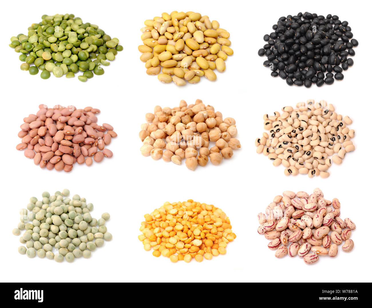 six pile of mix bean and pea on white background Stock Photo - Alamy
