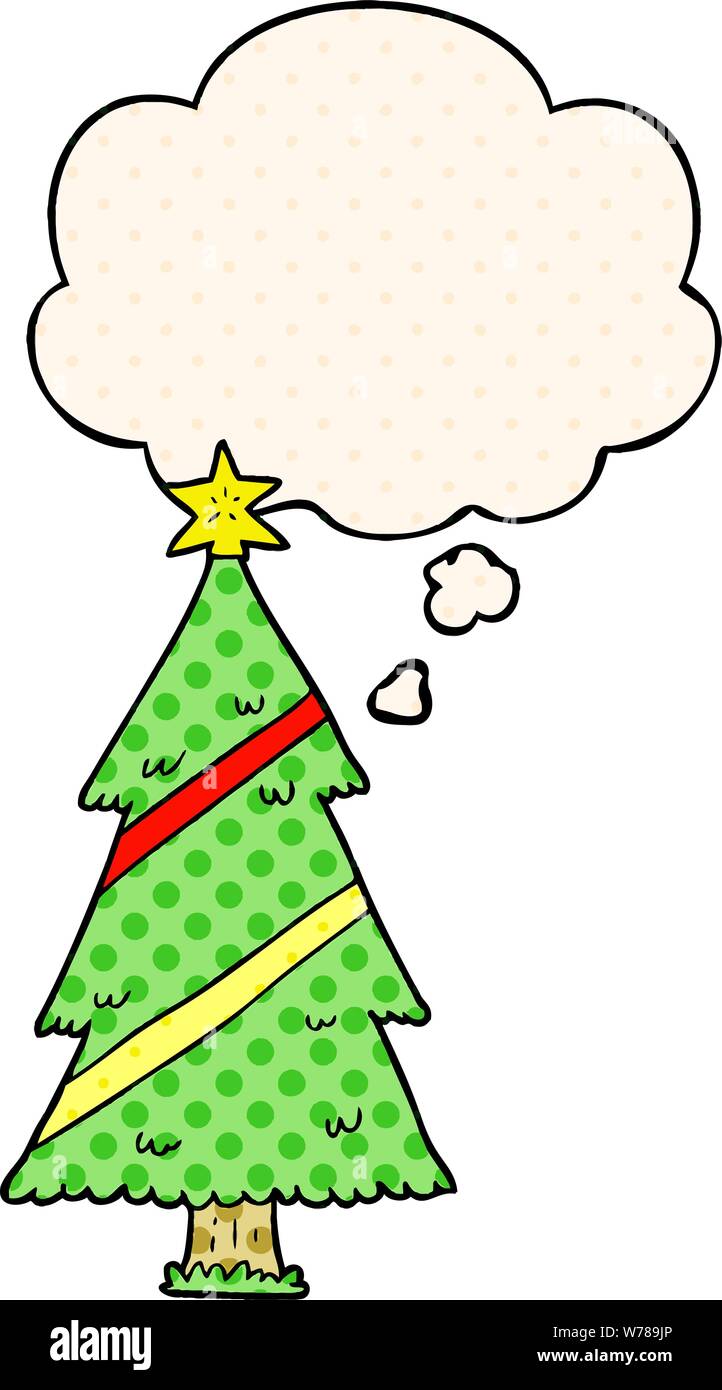 cartoon christmas tree with thought bubble in comic book style Stock ...