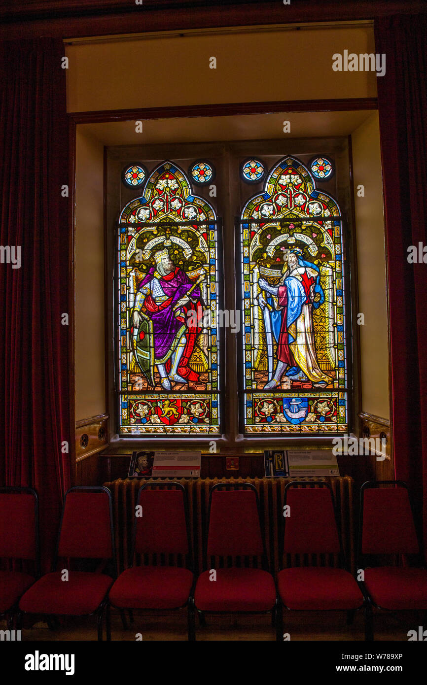 Stained Glass windows inside Lerwick Town Hall in the Shetland Islands ...