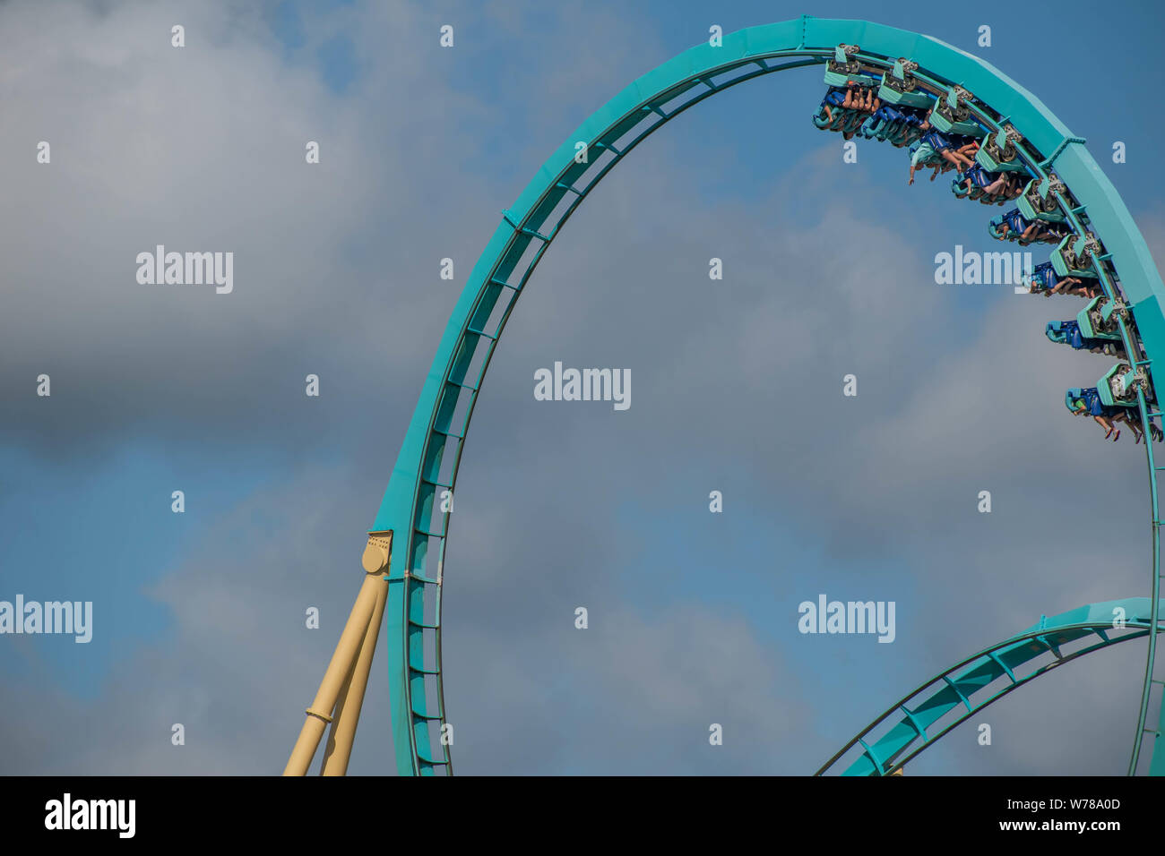 Orlando, Florida. July 29, 2019. People having fun Kraken rollercoaster ...