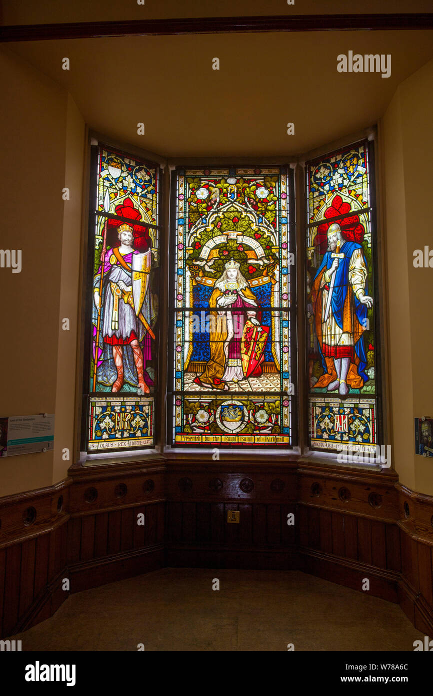 Stained Glass windows inside Lerwick Town Hall in the Shetland Islands ...