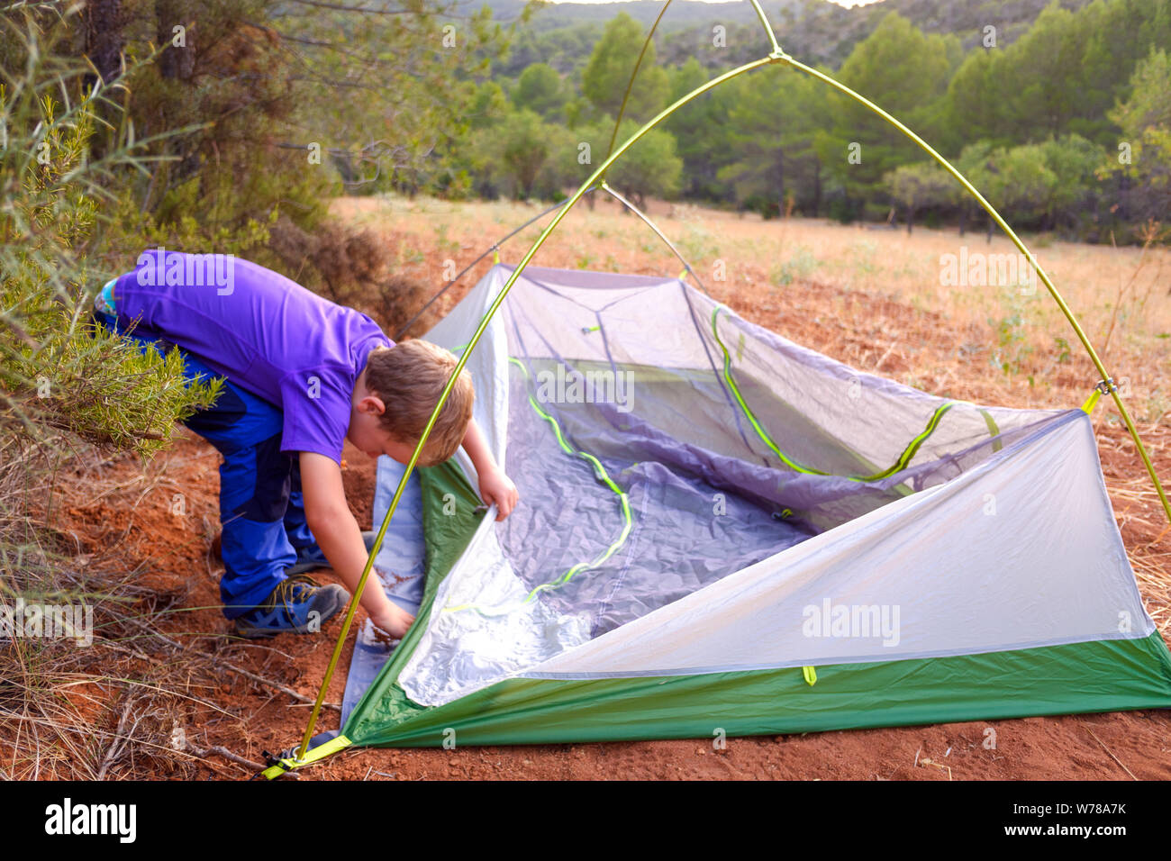 Camping boy preparing the tent to spend the night in the forest, his ...