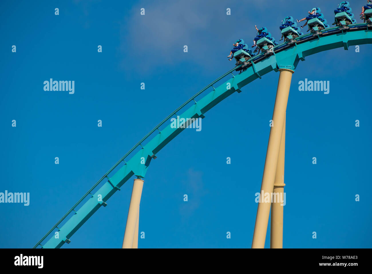 Orlando, Florida. July 29, 2019. People having fun Kraken rollercoaster ...