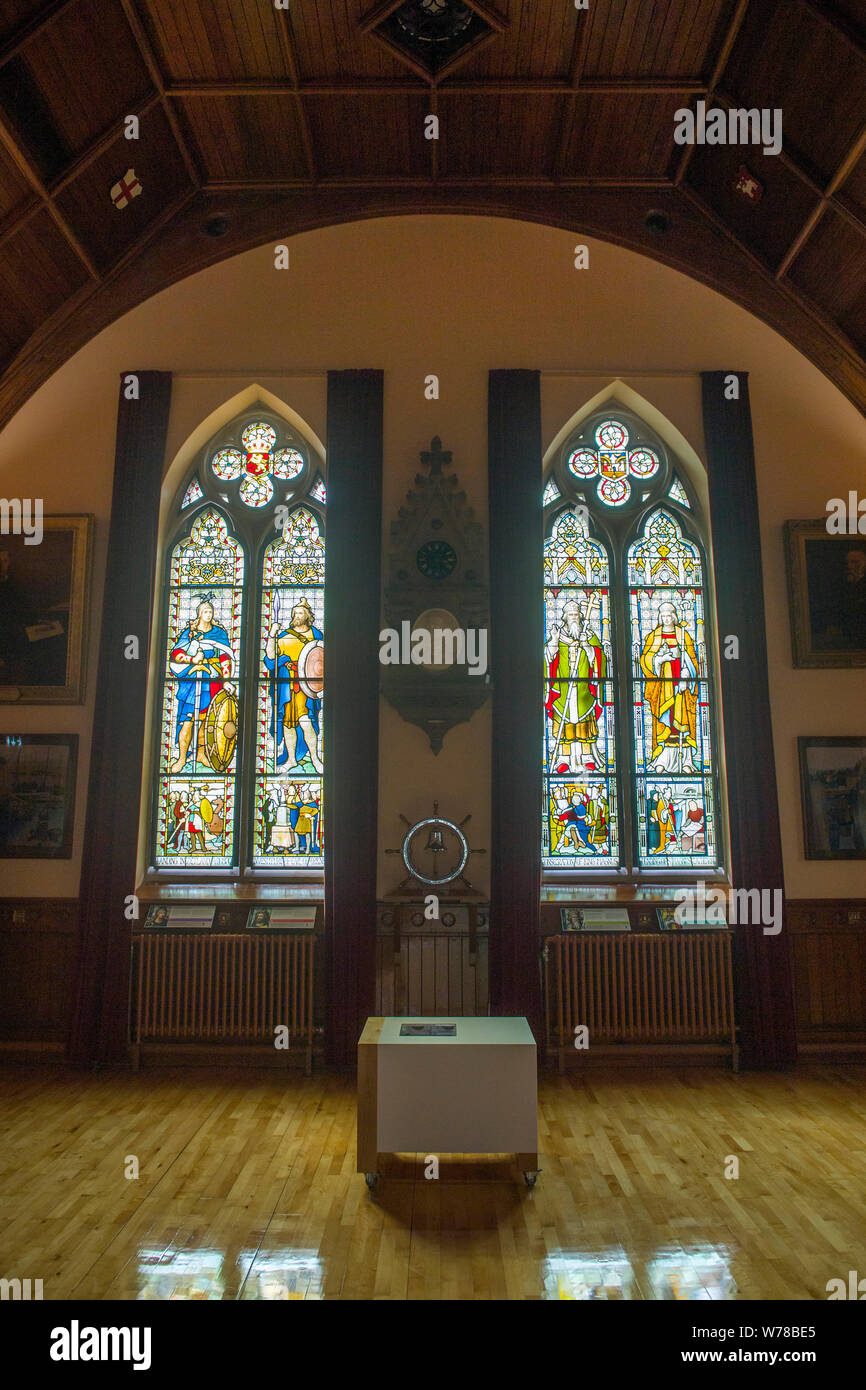 Stained Glass windows inside Lerwick Town Hall in the Shetland Islands ...
