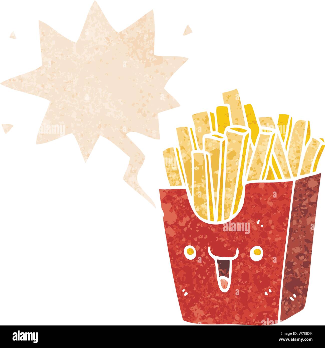 cute cartoon box of fries with speech bubble in grunge distressed retro ...