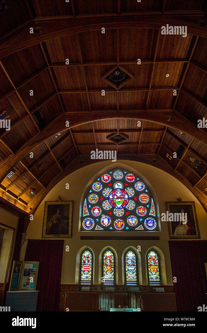 Stained Glass windows inside Lerwick Town Hall in the Shetland Islands ...