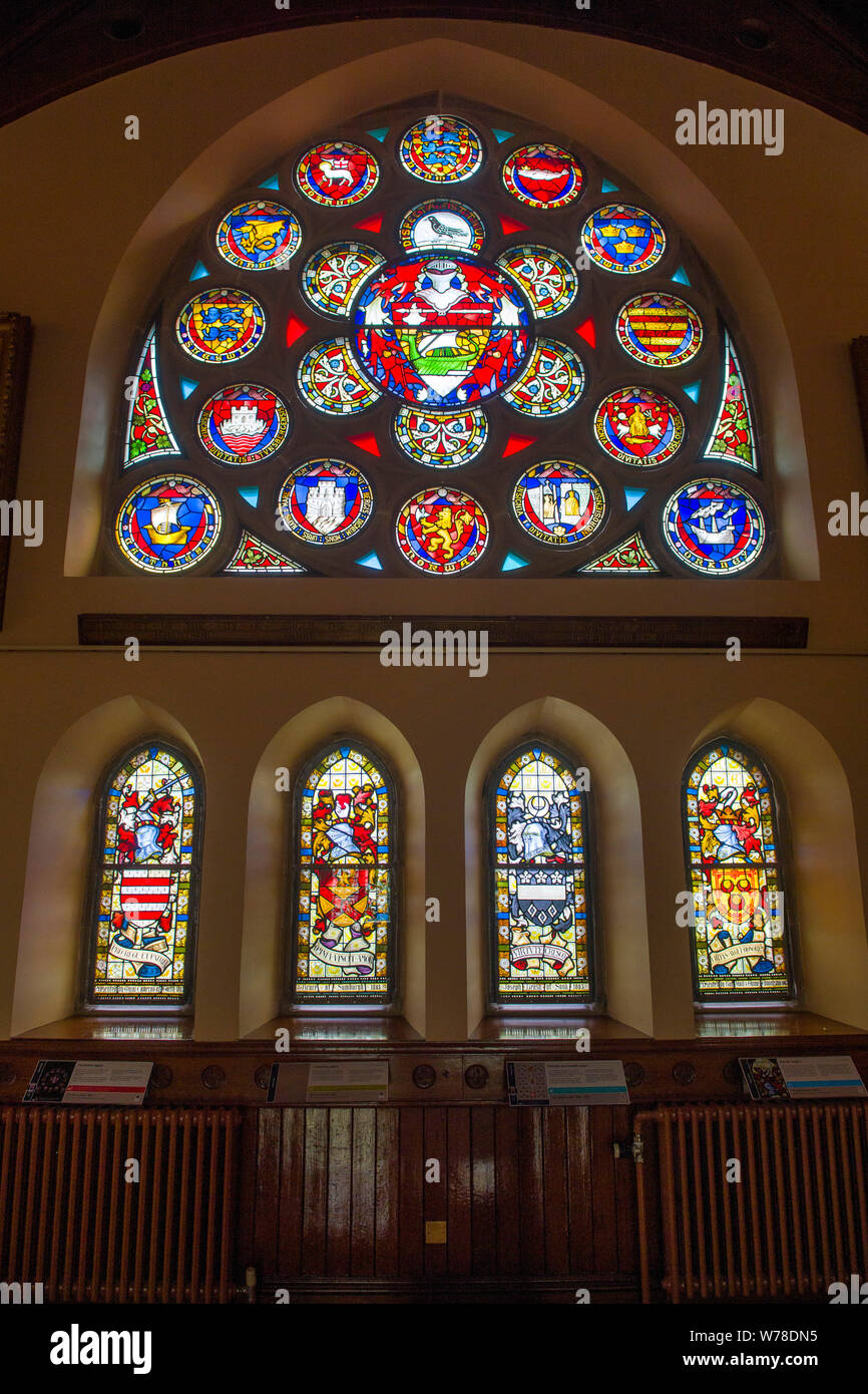 Stained Glass windows inside Lerwick Town Hall in the Shetland Islands ...
