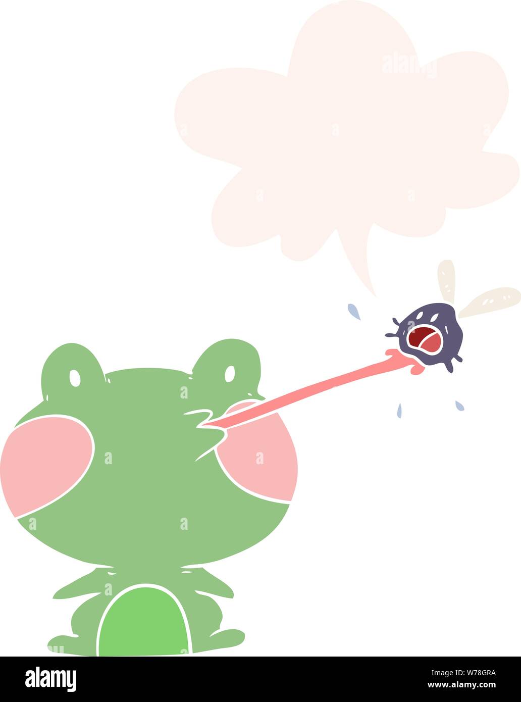 cute cartoon frog catching fly with tongue with speech bubble in retro ...