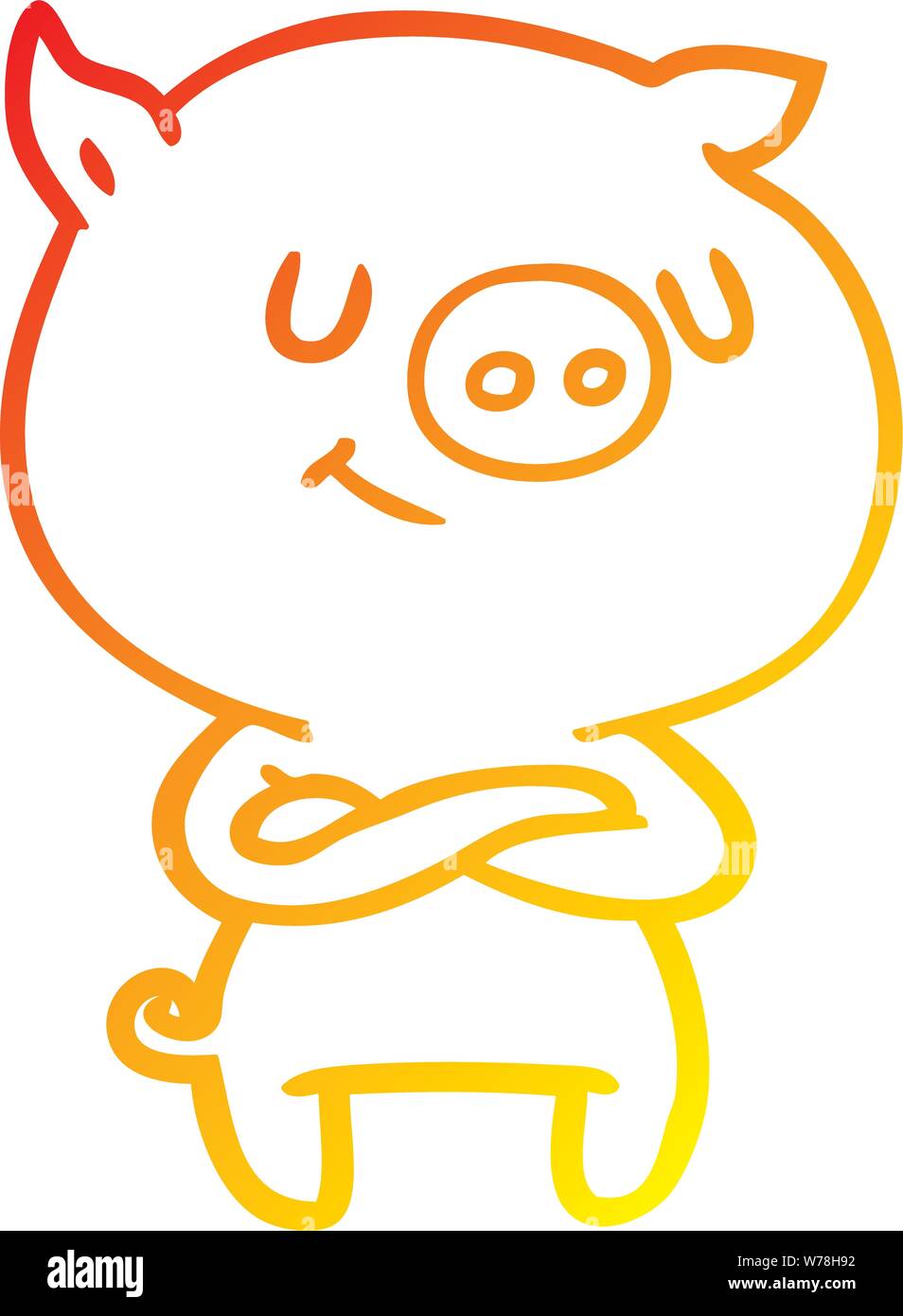 warm gradient line drawing of a happy cartoon pig with crossed arms ...