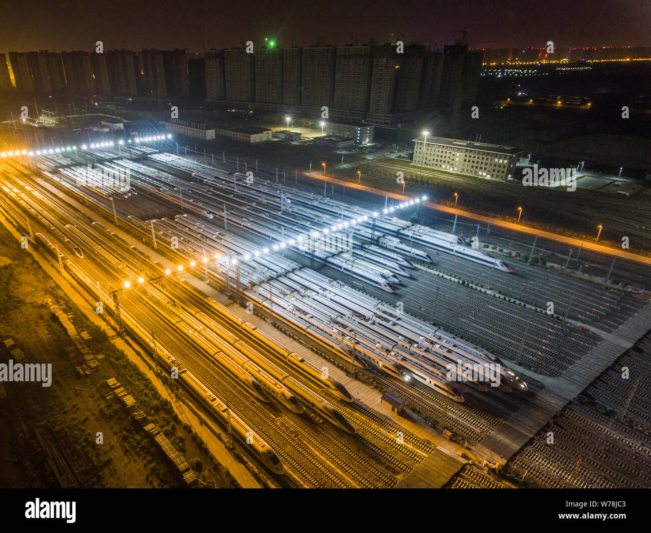 Aerial view of high speed bullet trains at the Xi'anbei Railway Station ...