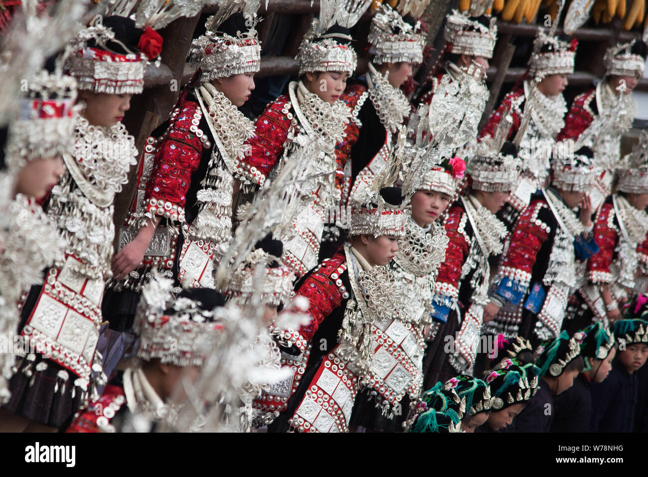 Chinese people of Miao ethnic minority dressed in traditional silver ...