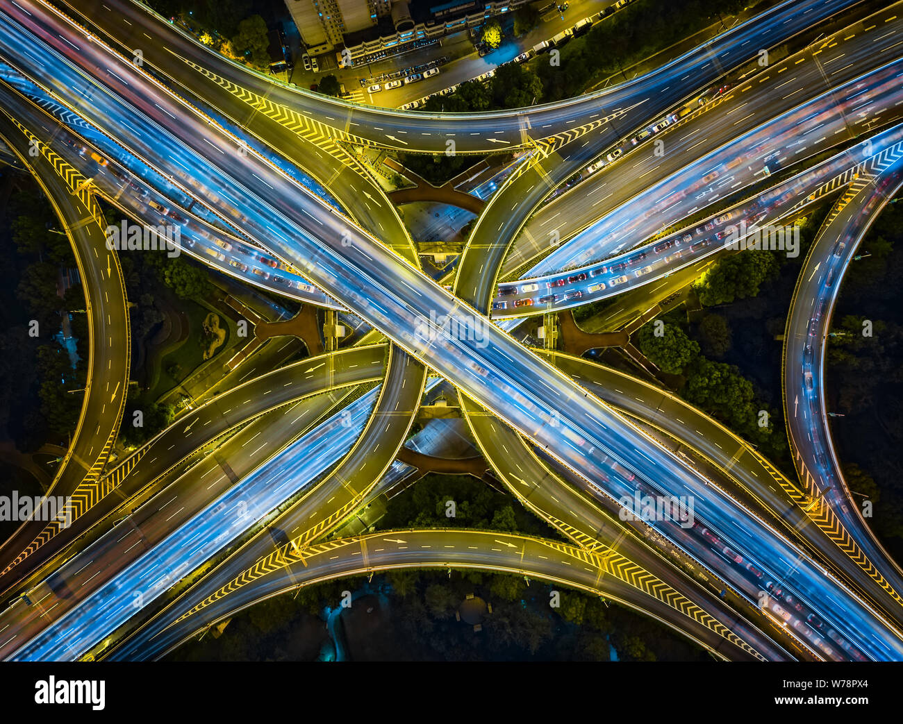 Aerial view of the crossings of elevated interchange overpasses at ...