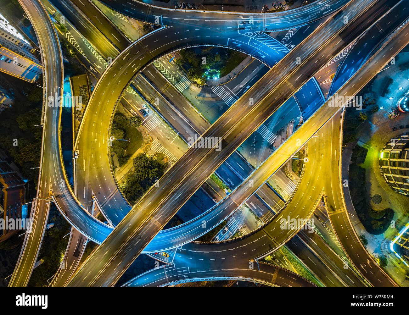 Aerial view of the crossings of elevated interchange overpasses at ...