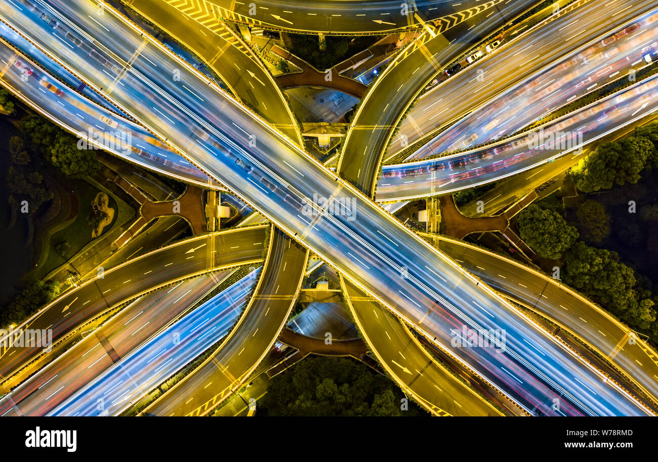 Aerial view of the crossings of elevated interchange overpasses at ...