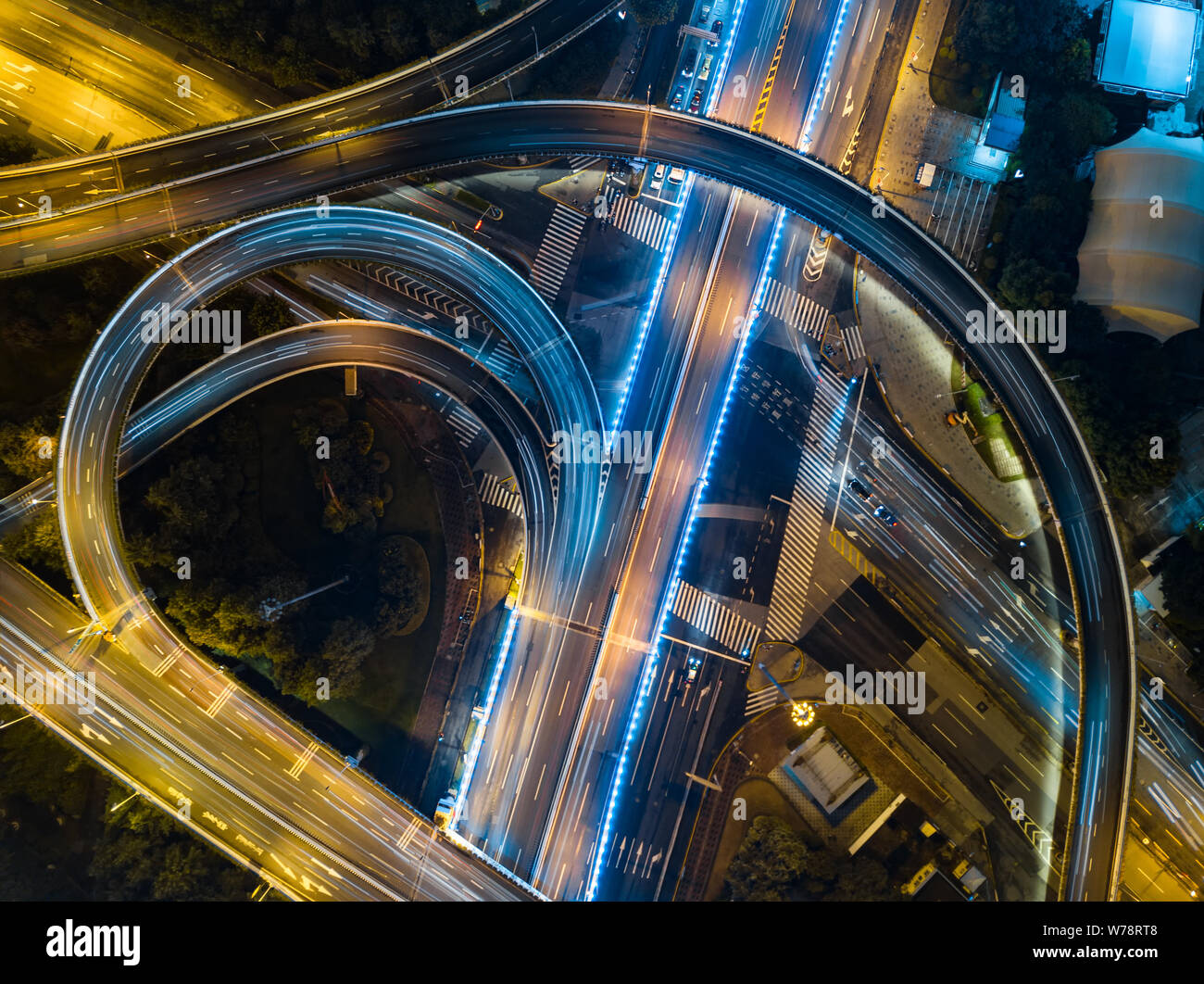 Aerial view of the crossings of elevated interchange overpasses at ...