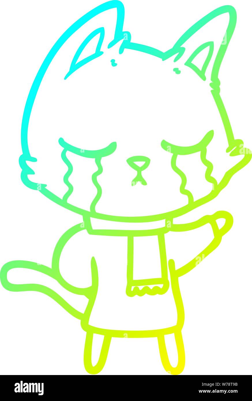 cold gradient line drawing of a crying cartoon cat wearing winter ...
