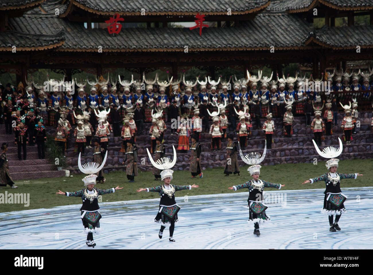 Chinese people of Miao ethnic minority dressed in traditional silver ...