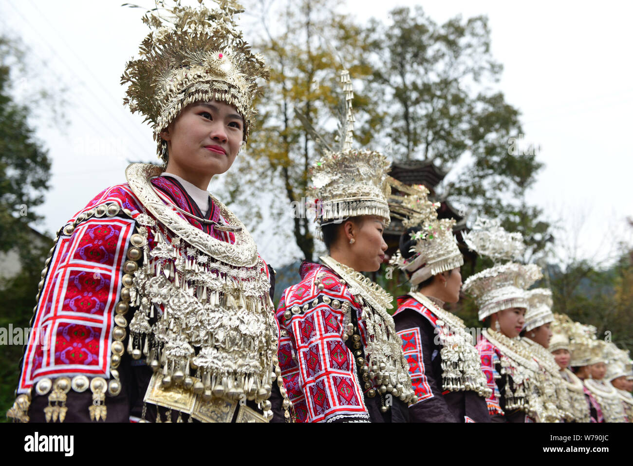 Chinese people of Miao ethnic minority dressed in traditional silver ...