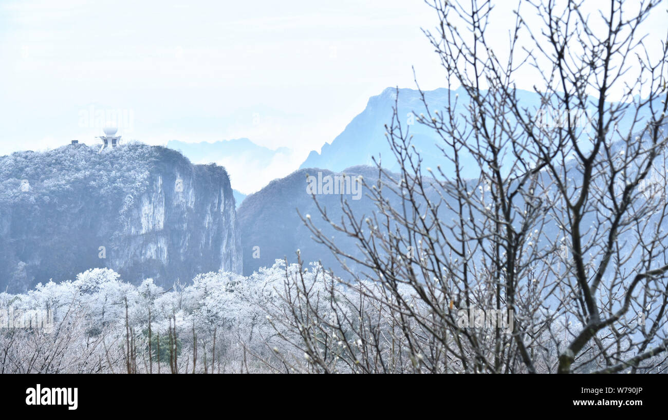 View of rime-covered trees on Tianmen Mountain (or Tianmenshan Mountain ...