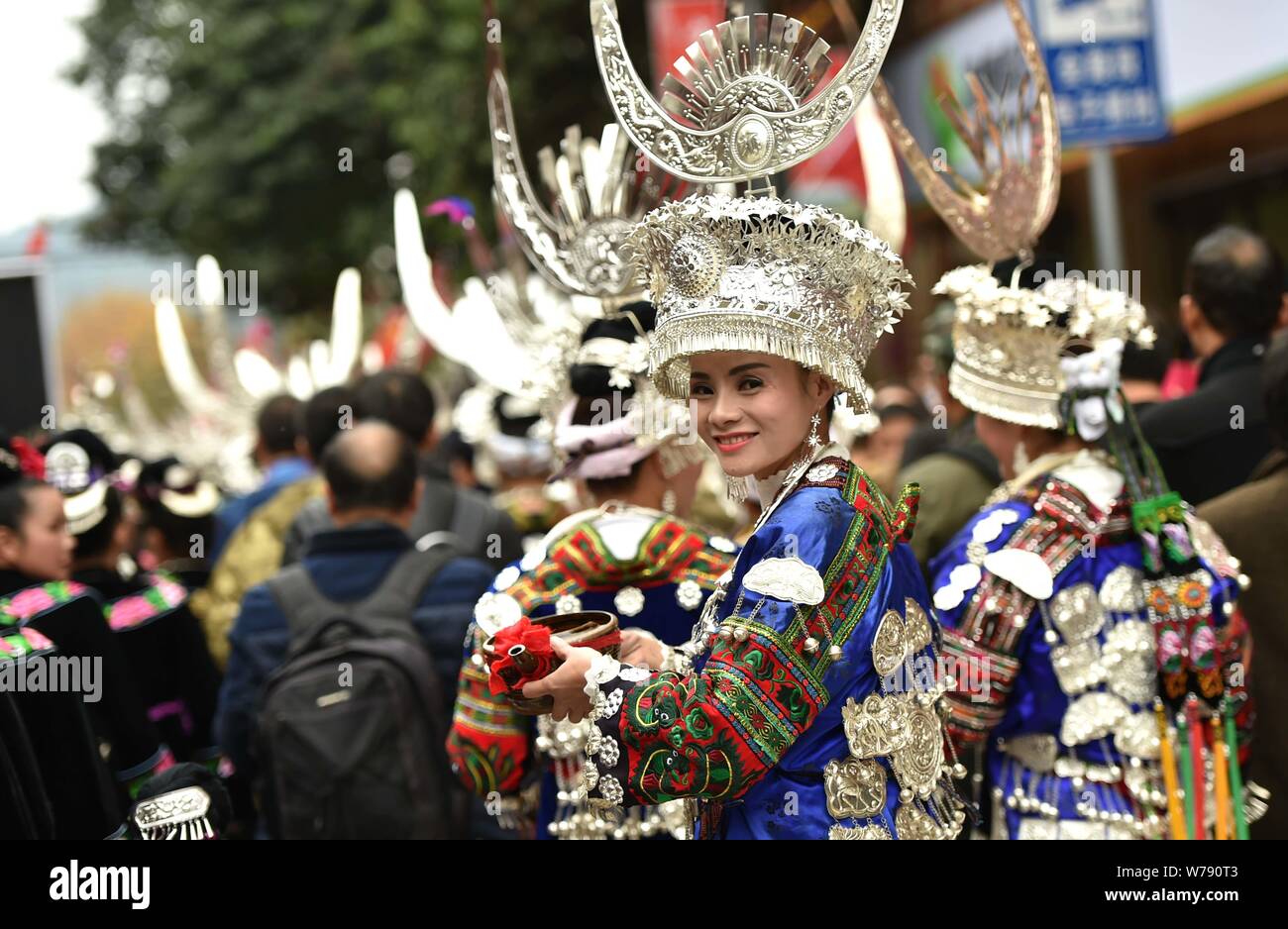 Chinese people of Miao ethnic minority dressed in traditional silver ...