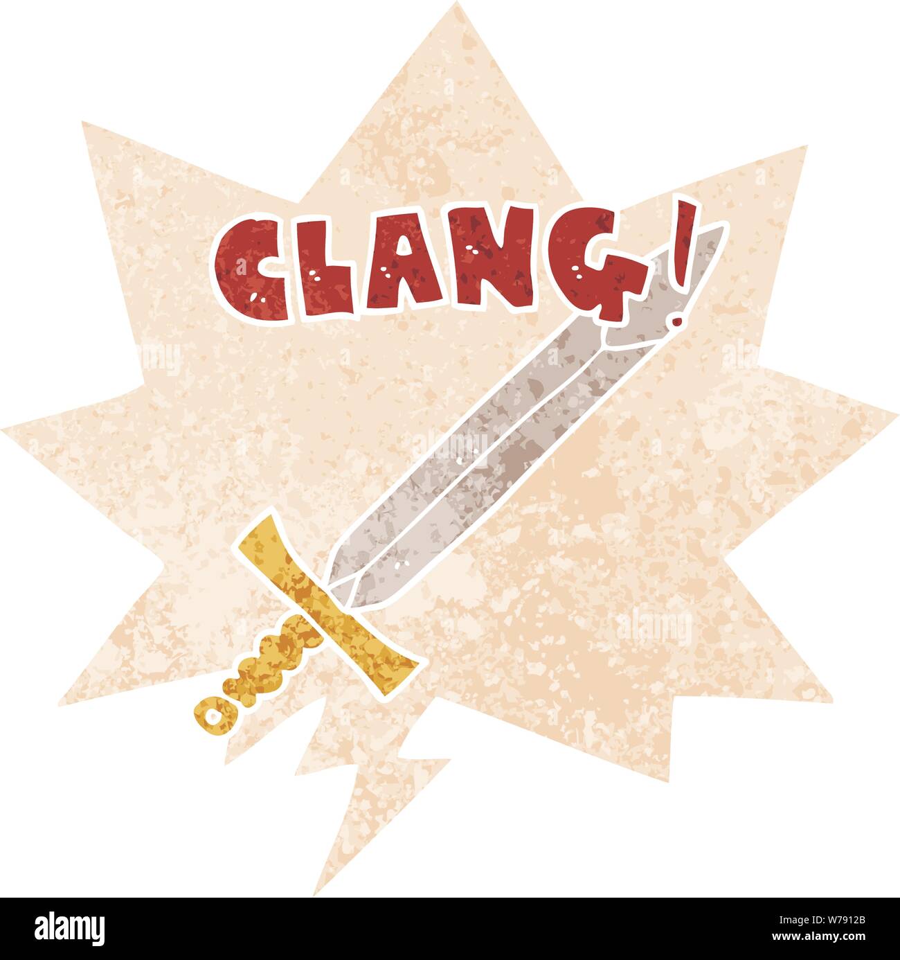 cartoon clanging sword with speech bubble in grunge distressed retro ...