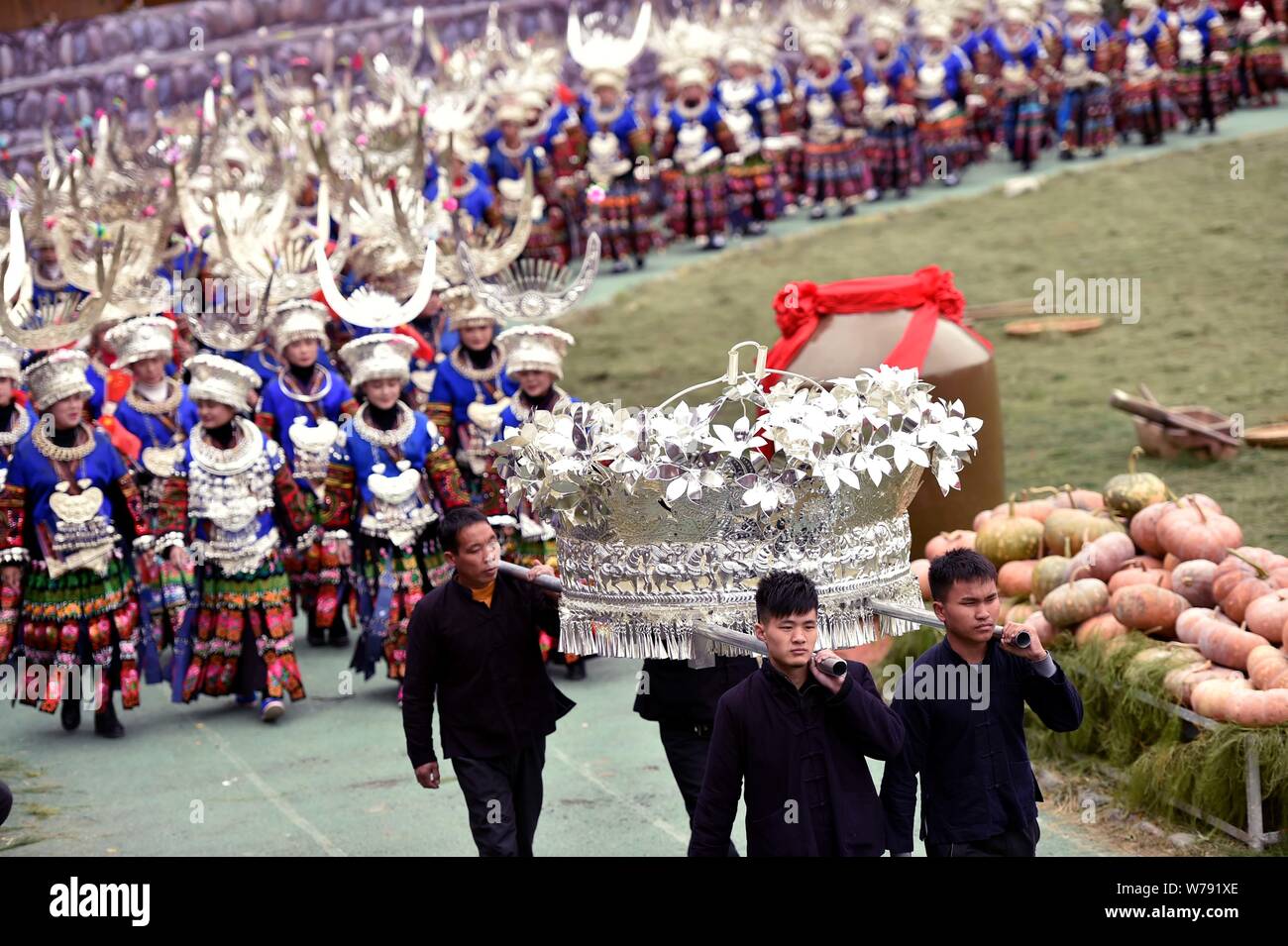 Chinese people of Miao ethnic minority dressed in traditional silver ...