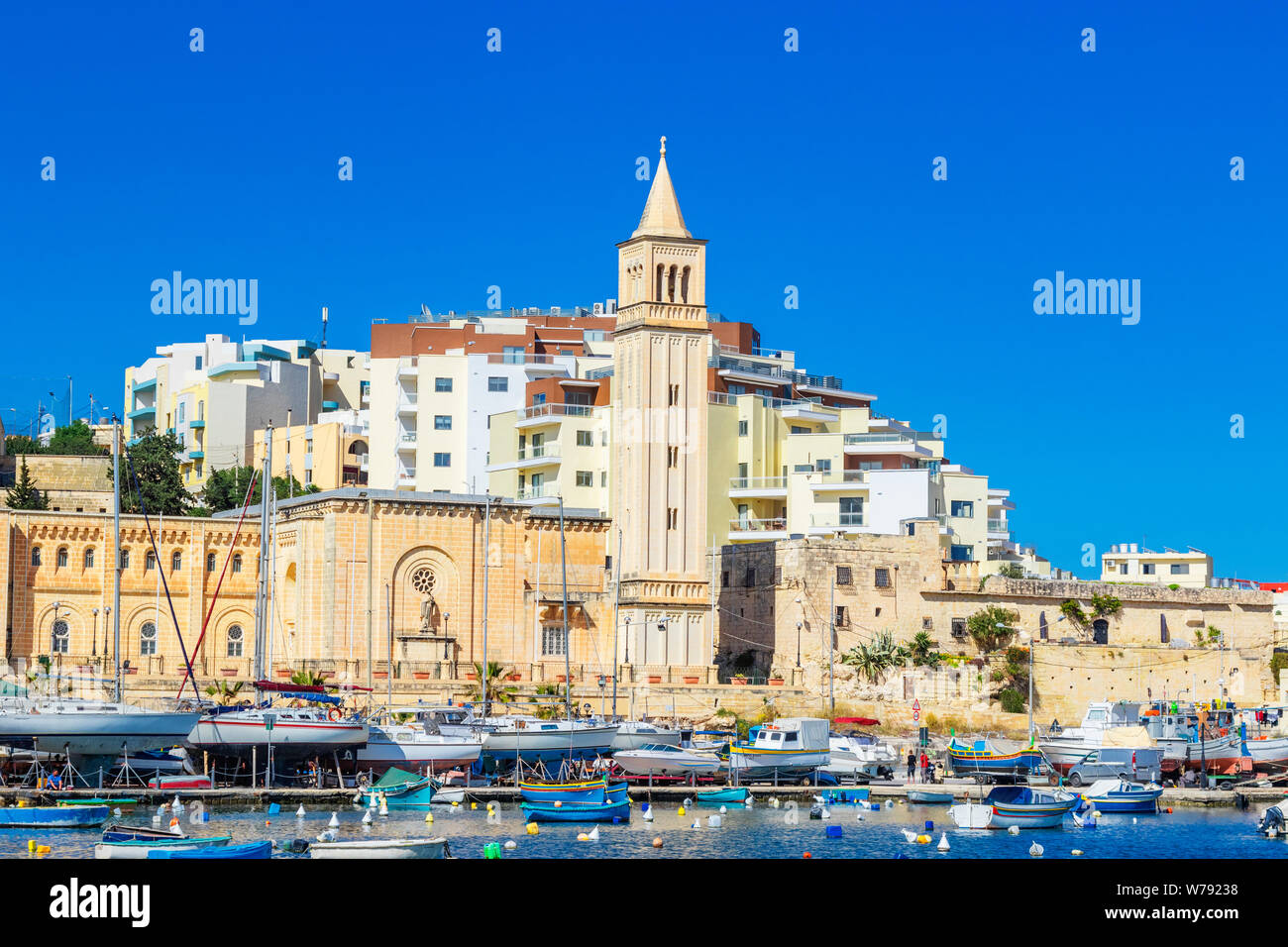 Marsascala harbour with fishing boats, Mediterranean sea, Marsascala ...